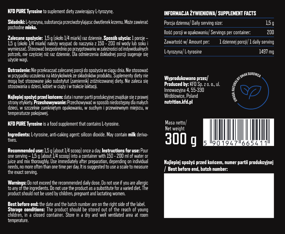 KFD PURE Tyrosine - 300 g (L-Tyrozyna)